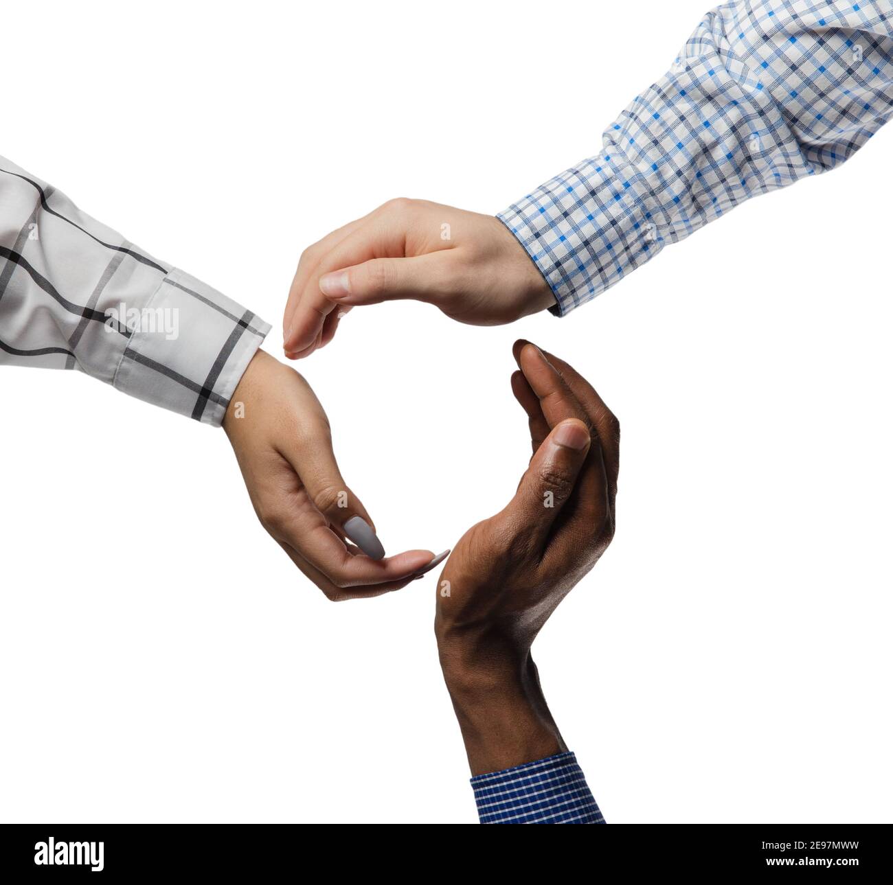 Three human hands joining in solidarity. Concept of unity, charity ...