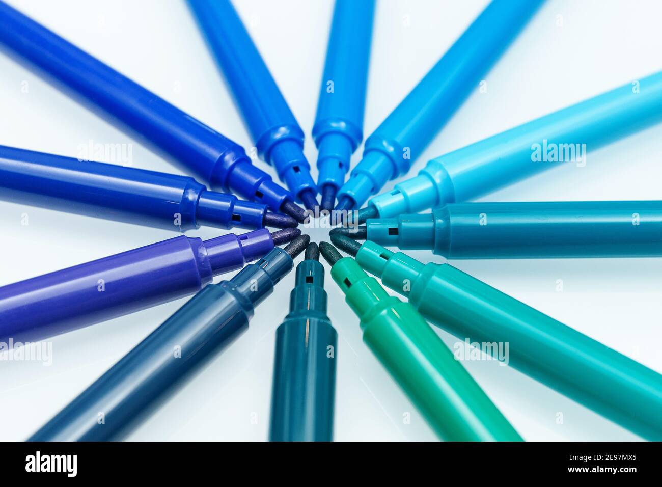 Blue color. Close up of blue colored felt-tip pens on isolated ...