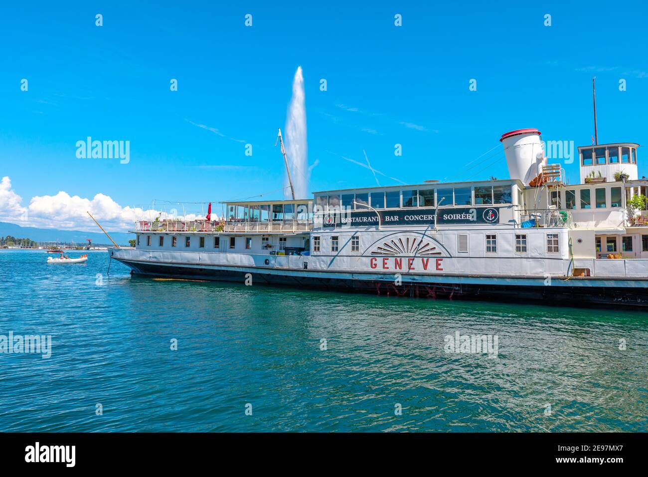 Geneva, Switzerland - Aug 15, 2020: restaurant boat in the harbor of ...
