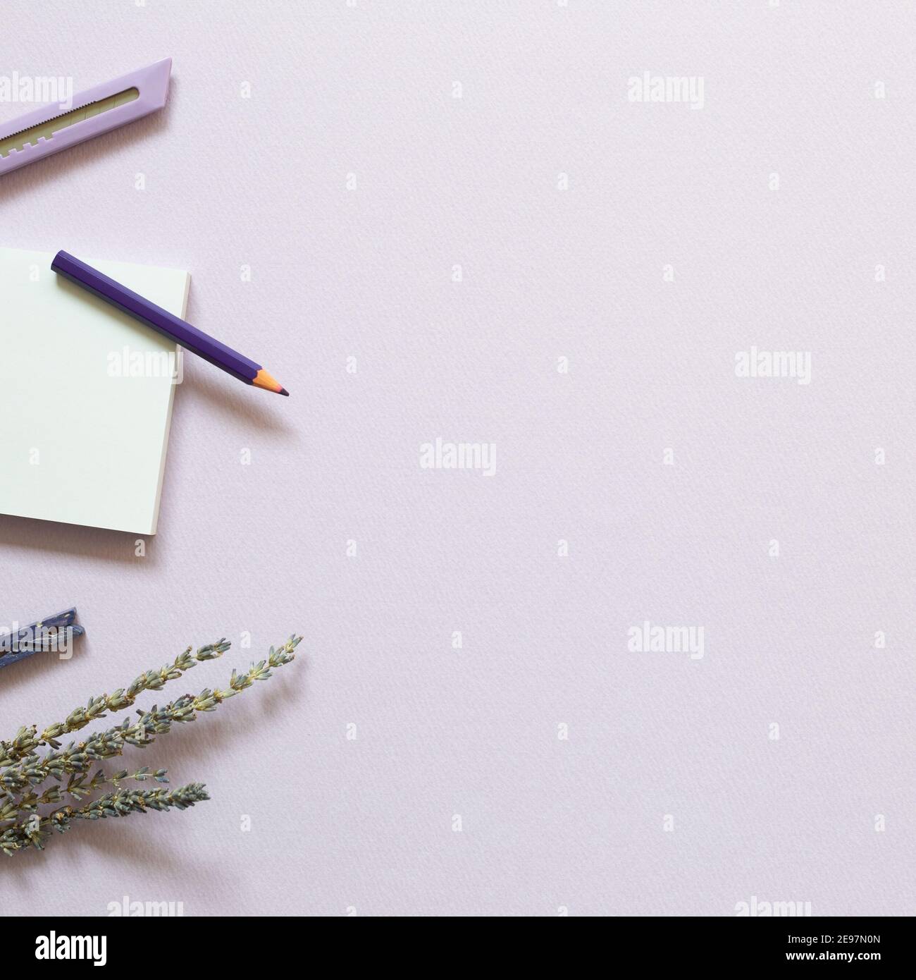 Notepad, cutter, colored pencil, clip, lavender flowers on purple ...