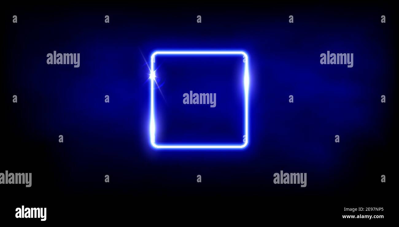 Glowing neon blue square with sparkles in fog abstract background ...