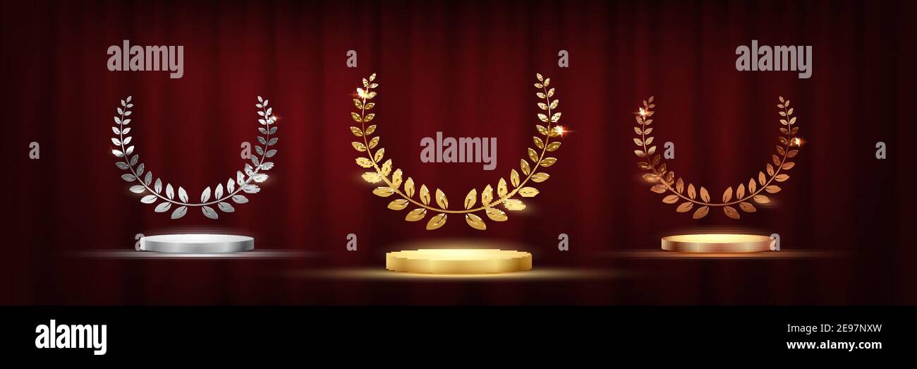 Golden, silver and bronze award signs with podiums laurel wreath ...
