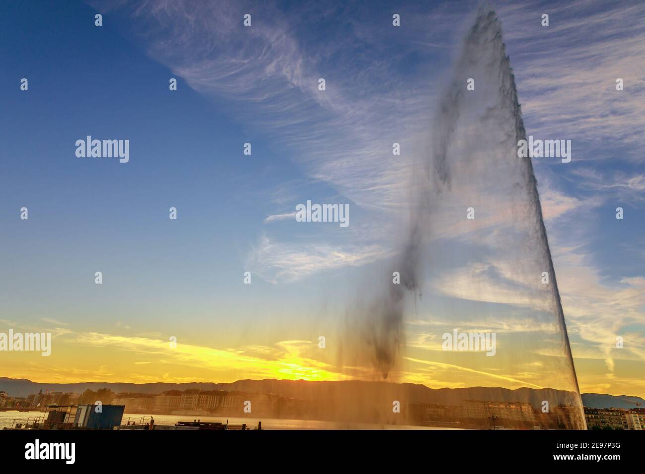 Scenic view of Jet d'eau fountain or water jet fountain and harbor with ...