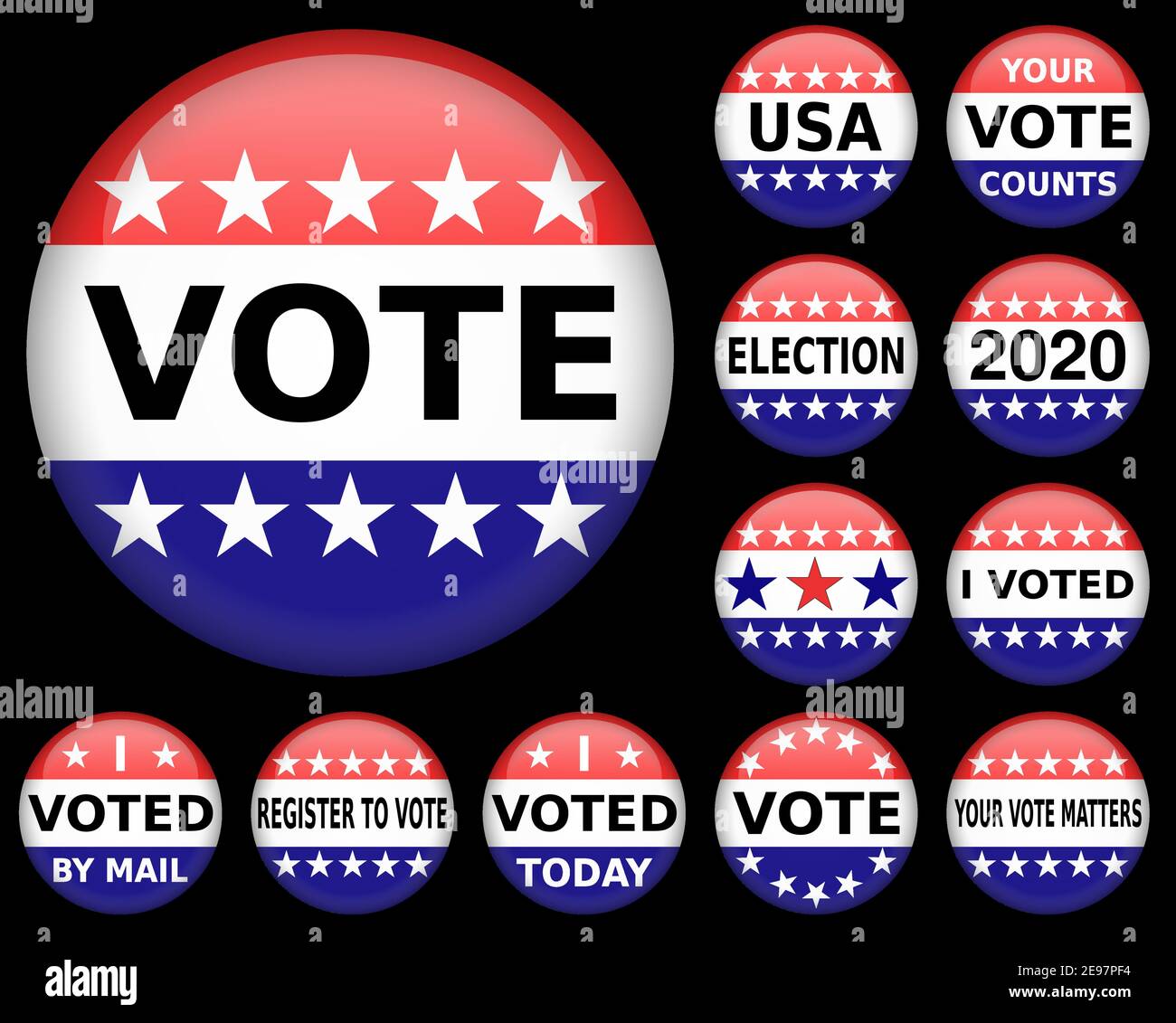 collection of election campaign vote pins isolated on black Stock ...