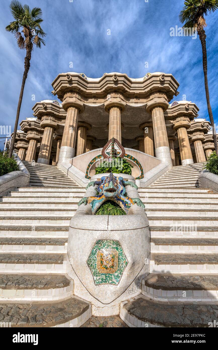 Main staircase with multicolored mosaic salamander, Park Guell ...