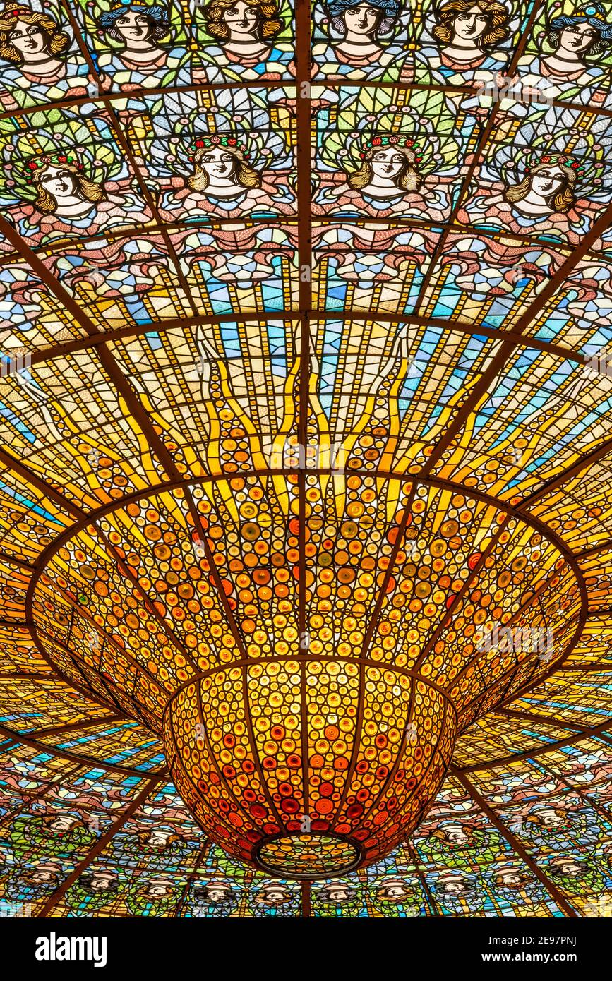 Stained-glass skylight, Palace of Catalan Music concert hall, Barcelona ...