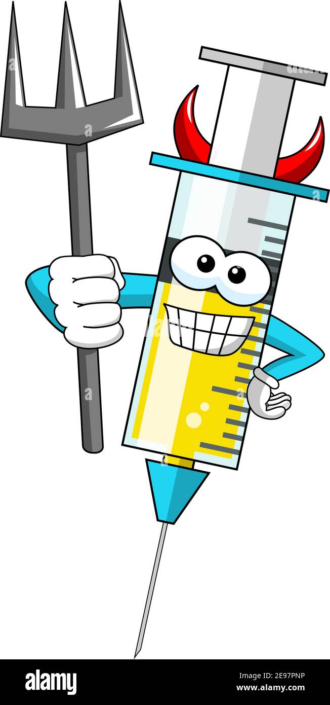 Smiling cartoon character mascot medical syringe vaccine devil vector ...
