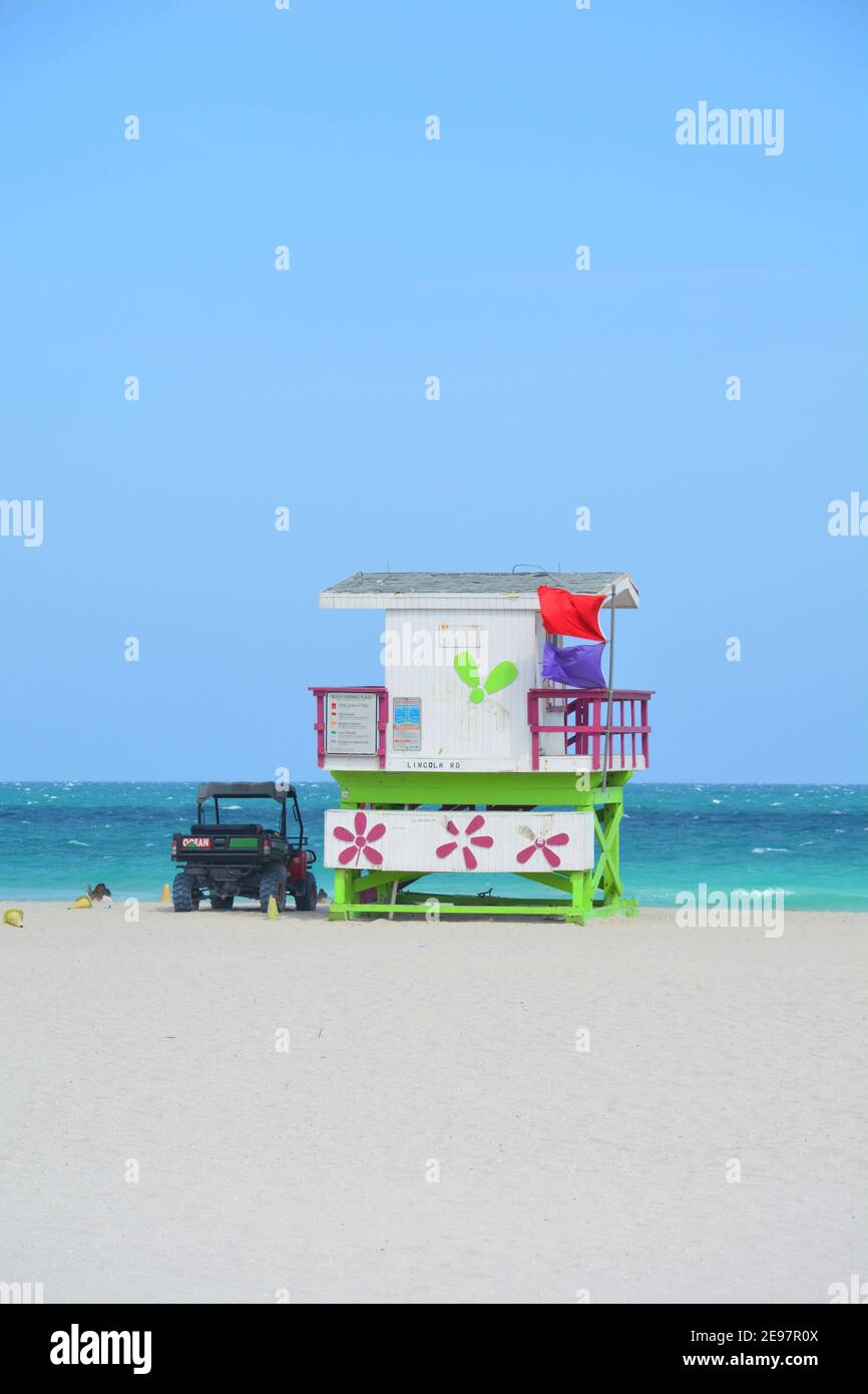 Colorful lifeguard tower by the ocean in South Beach, Miami Beach Stock ...