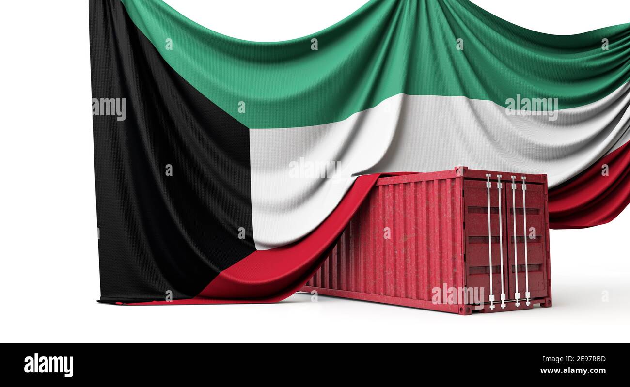 Kuwait flag draped over a commercial trade shipping container. 3D ...