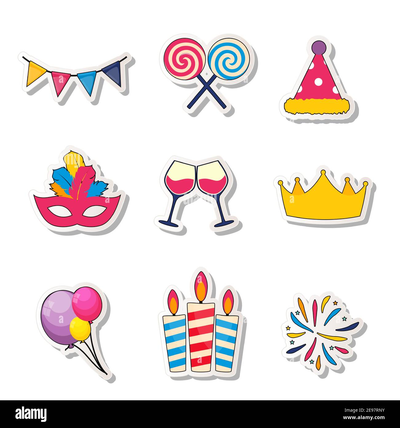 Birthday Party Sticker Collection Set Icon with carnival mask, wine ...