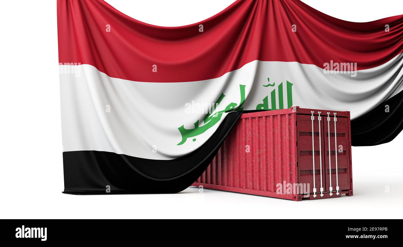 Iraq flag draped over a commercial trade shipping container. 3D ...