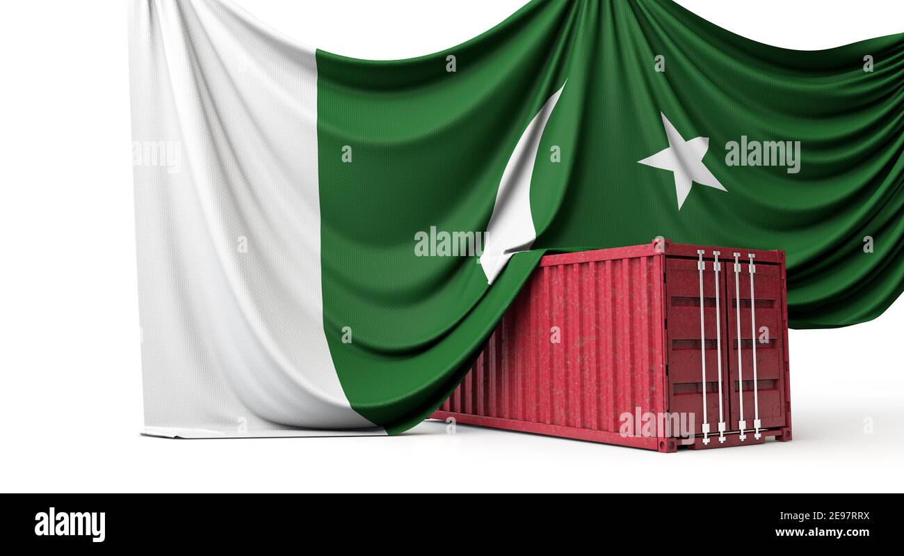 Pakistan flag draped over a commercial trade shipping container. 3D ...