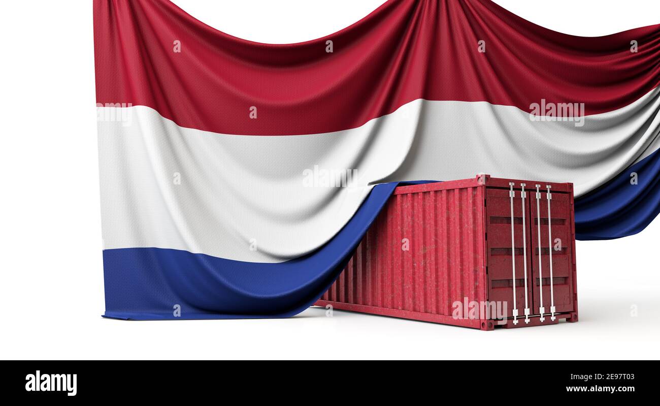 Netherlands flag draped over a commercial shipping container. 3D ...
