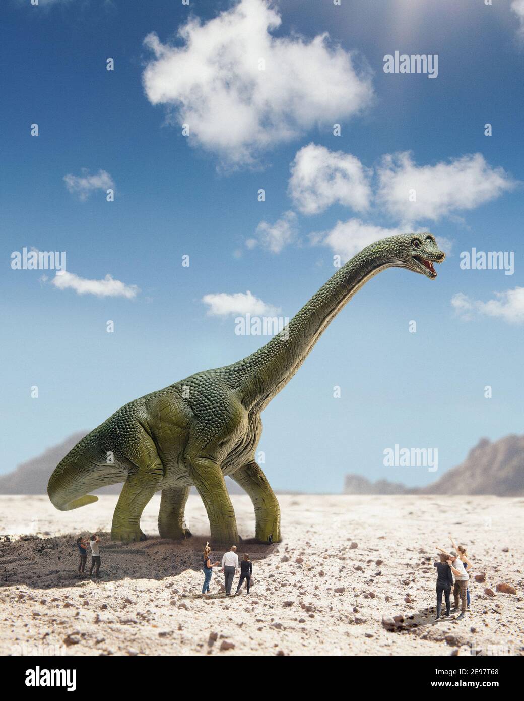 Dinosaur huge higth walking through the sunny desert comes across ...