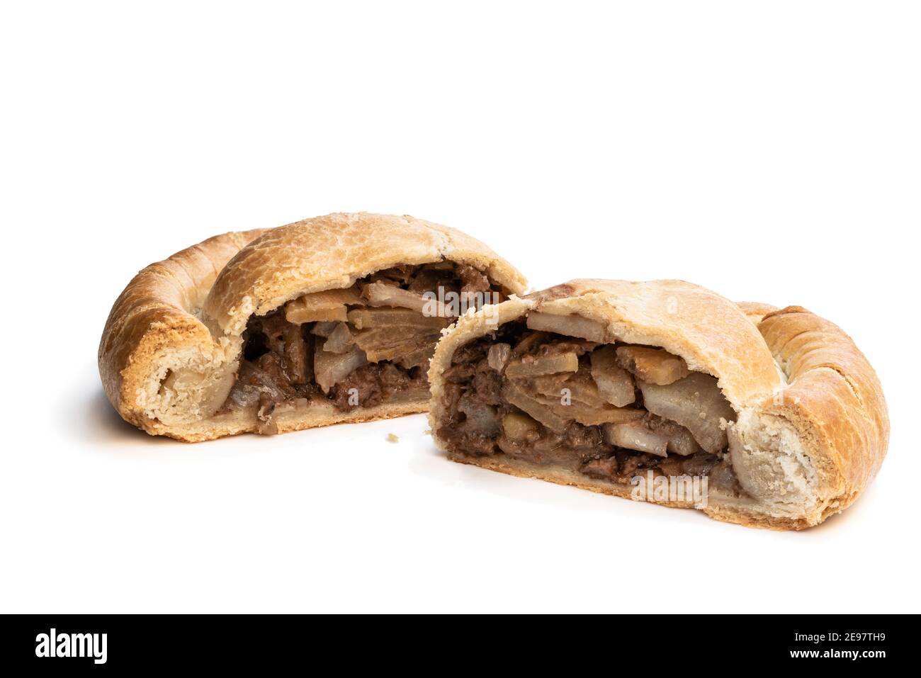 Halved puff pastry meat pie isolated on white background Stock Photo ...