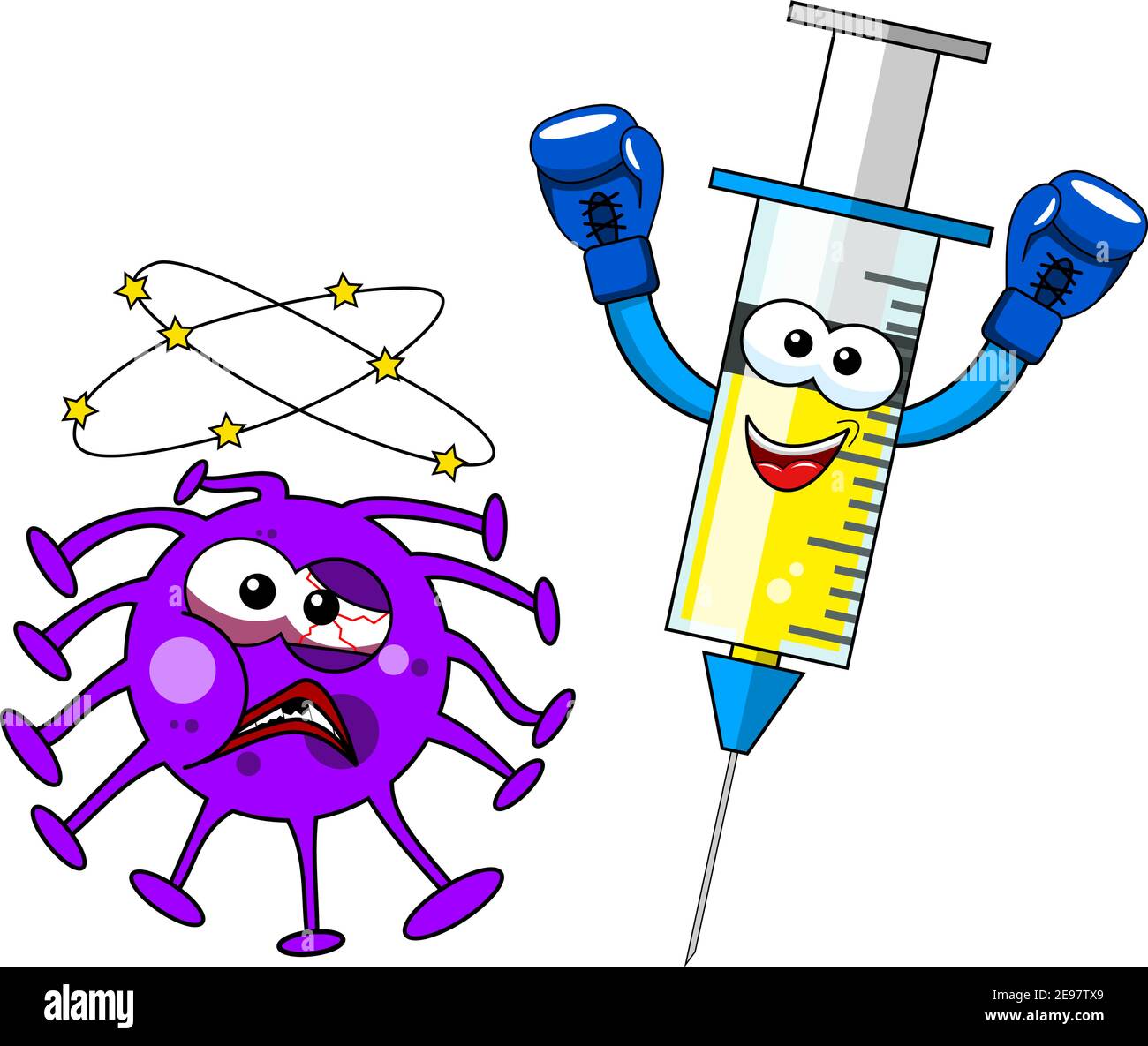 Syringe cartoon characters or mascots combating or fighting boxers ...