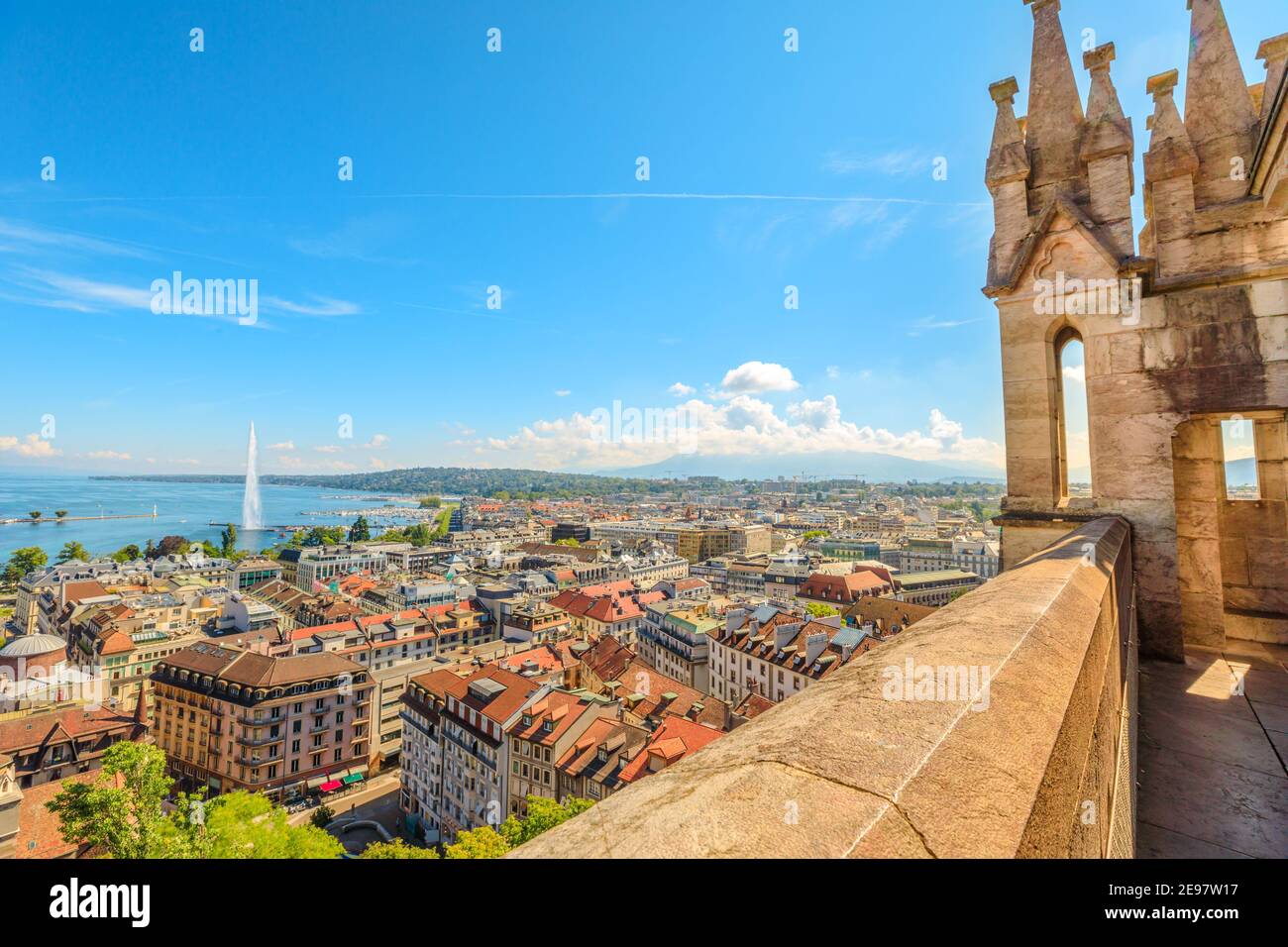 Geneva skyline, Leman Lake, Jet d'eau fountain, bay, harbor and Tower ...