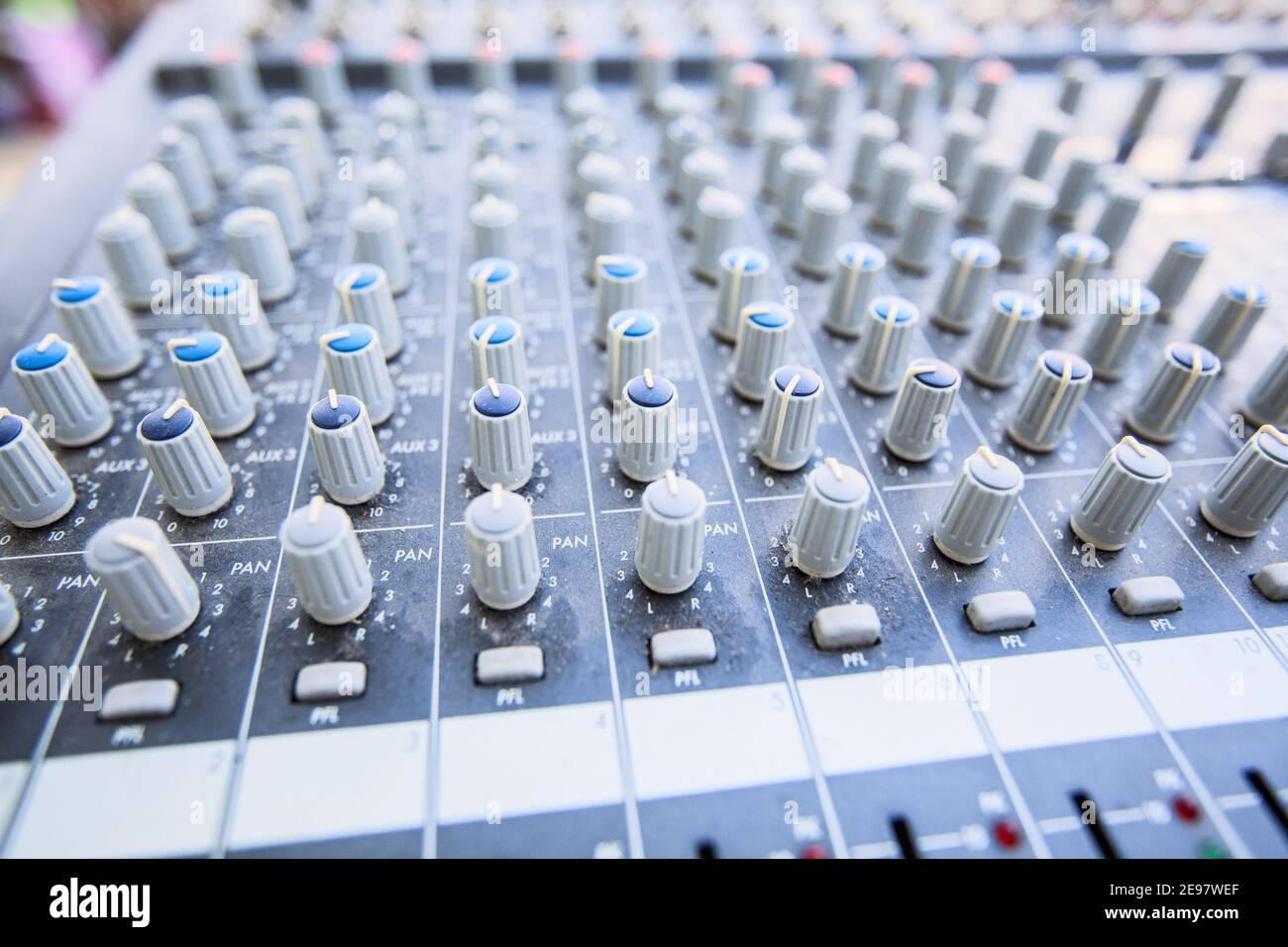 Sound mixer console, equipment for audio control, adjusting knobs ...