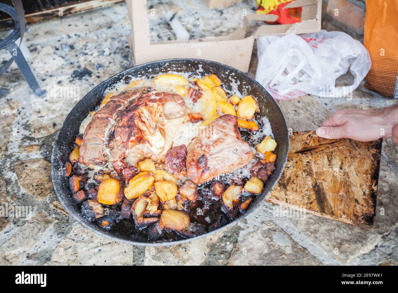 Traditional Balkan Food, fresh baked sliced potatoes and beef meat ...
