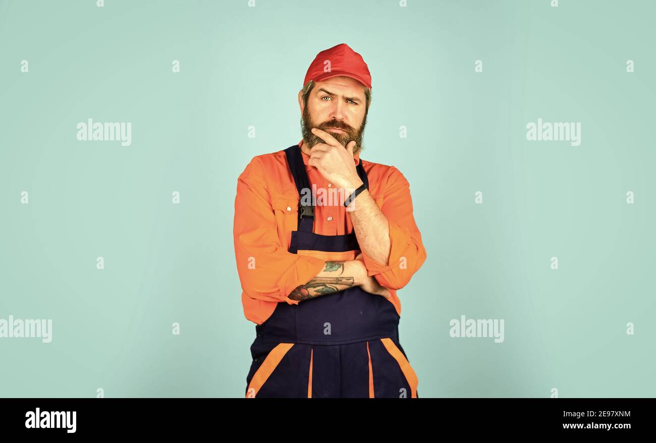 Skilled architect repair and fix. workman in storeroom. Mad repairman ...