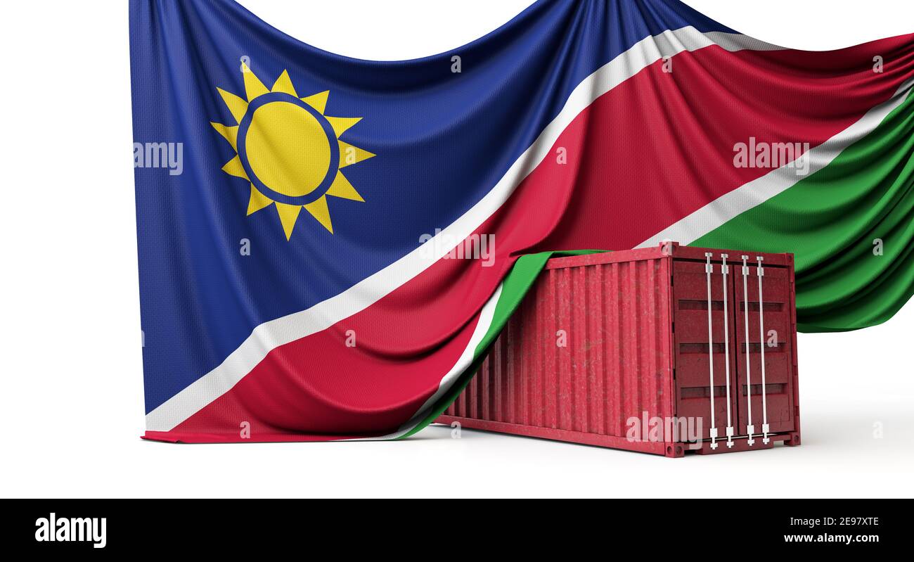 Namibia flag draped over a commercial trade shipping container. 3D ...