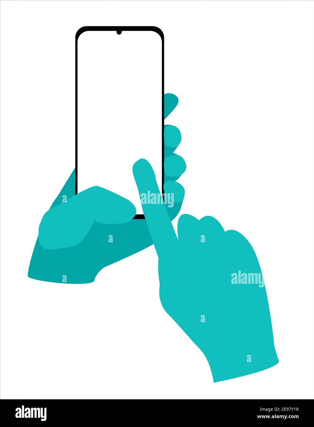 hands in gloves holding smartphone with white empty screen. blue screen ...