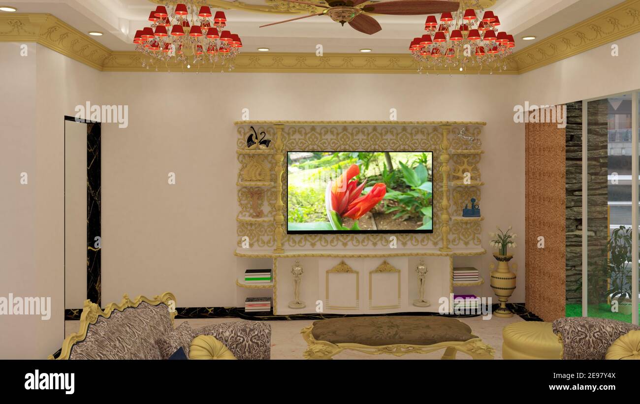 3d render Illustration classic style living room tv unit. white, black ...