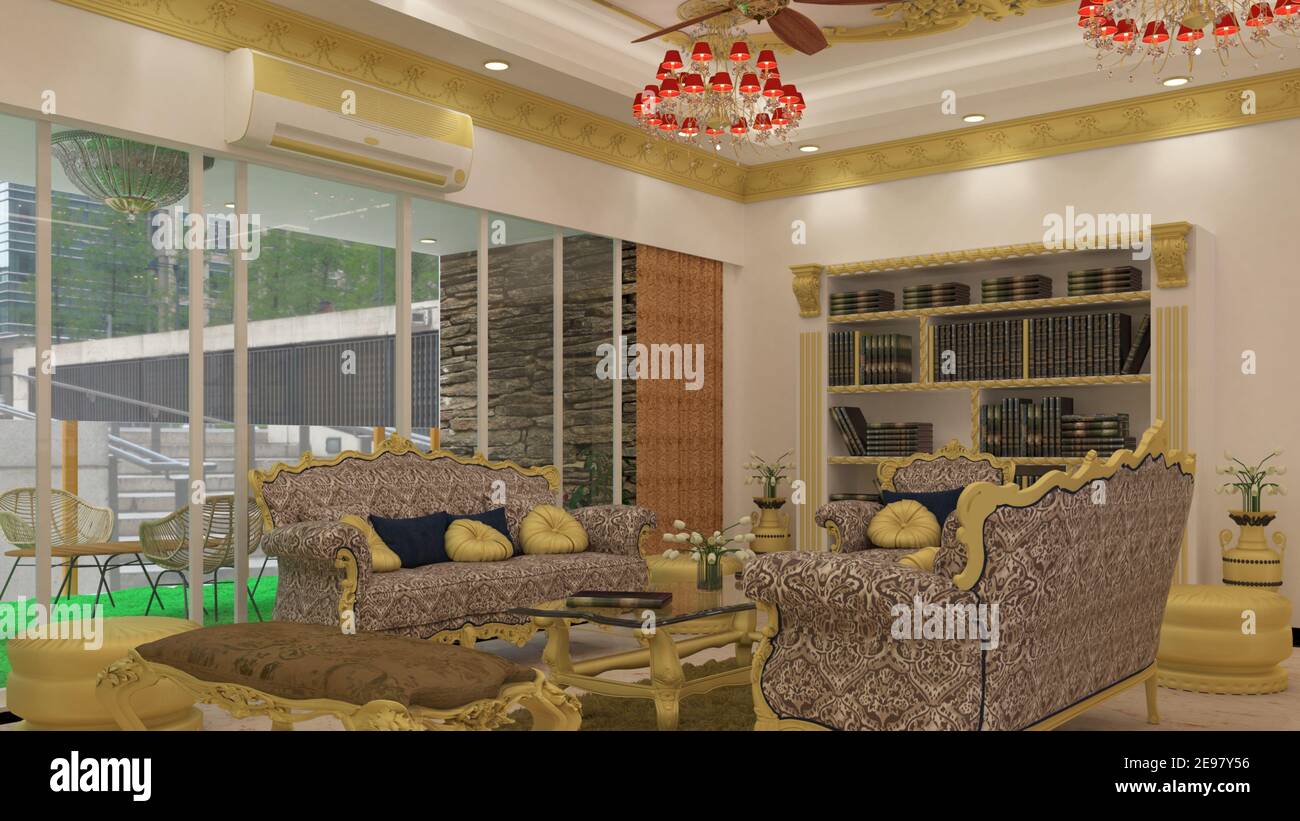 3d render Illustration classic style living room. white, black and gold ...