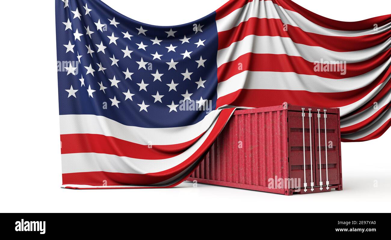 America flag draped over a commercial trade shipping container. 3D ...