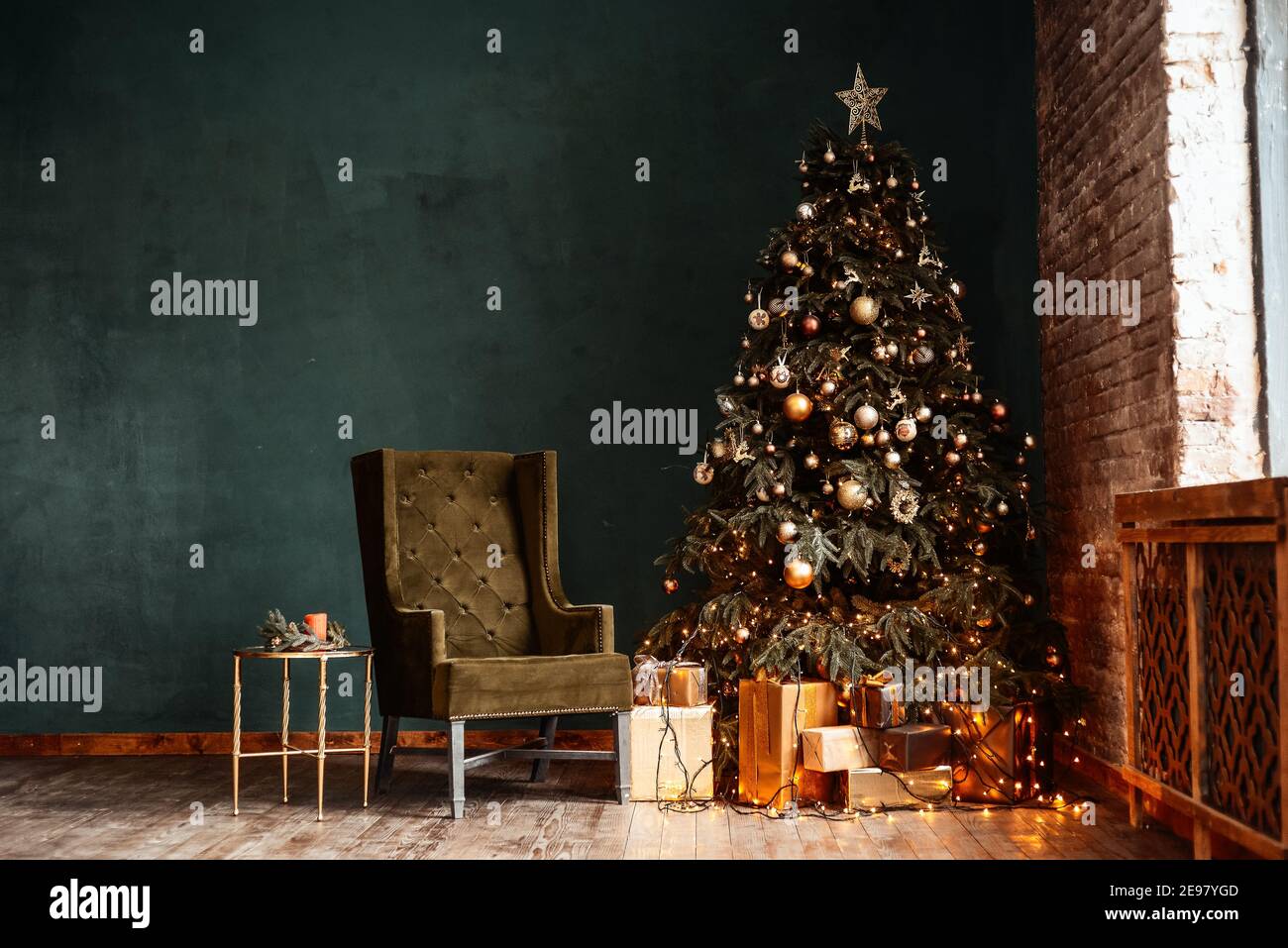 New Year background. Christmas room interior of loft. Light, gifts ...