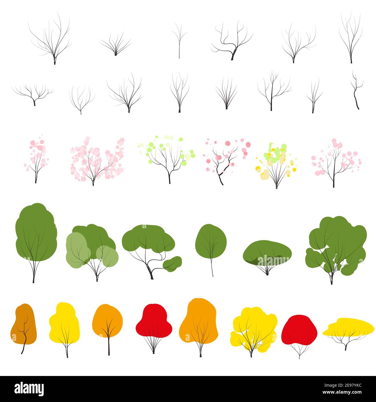 Tree set on doodles vector any season winter, spring, summenr, autumn ...