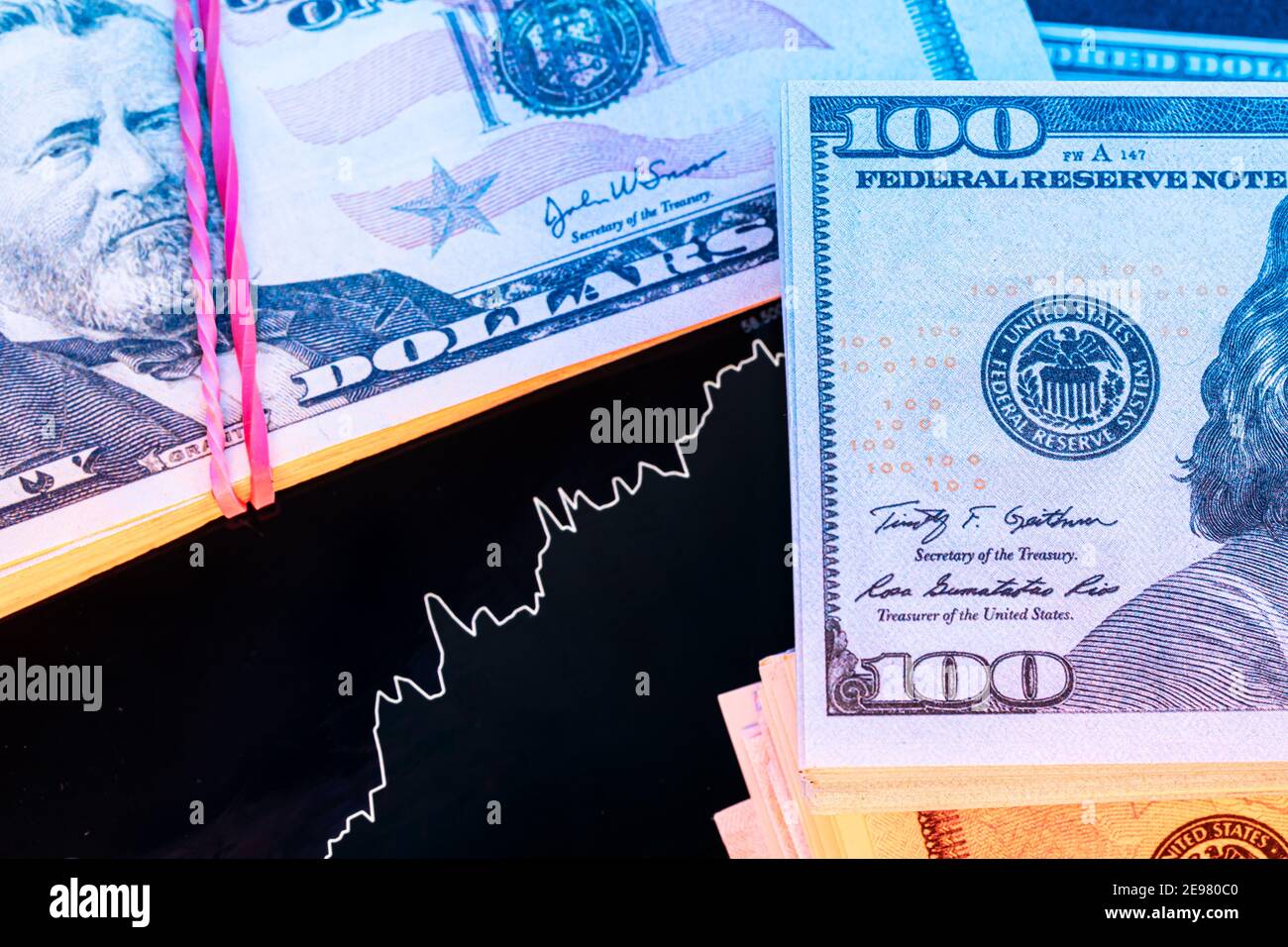 Dollars in front of a monitor with a price chart. Forex and trading ...