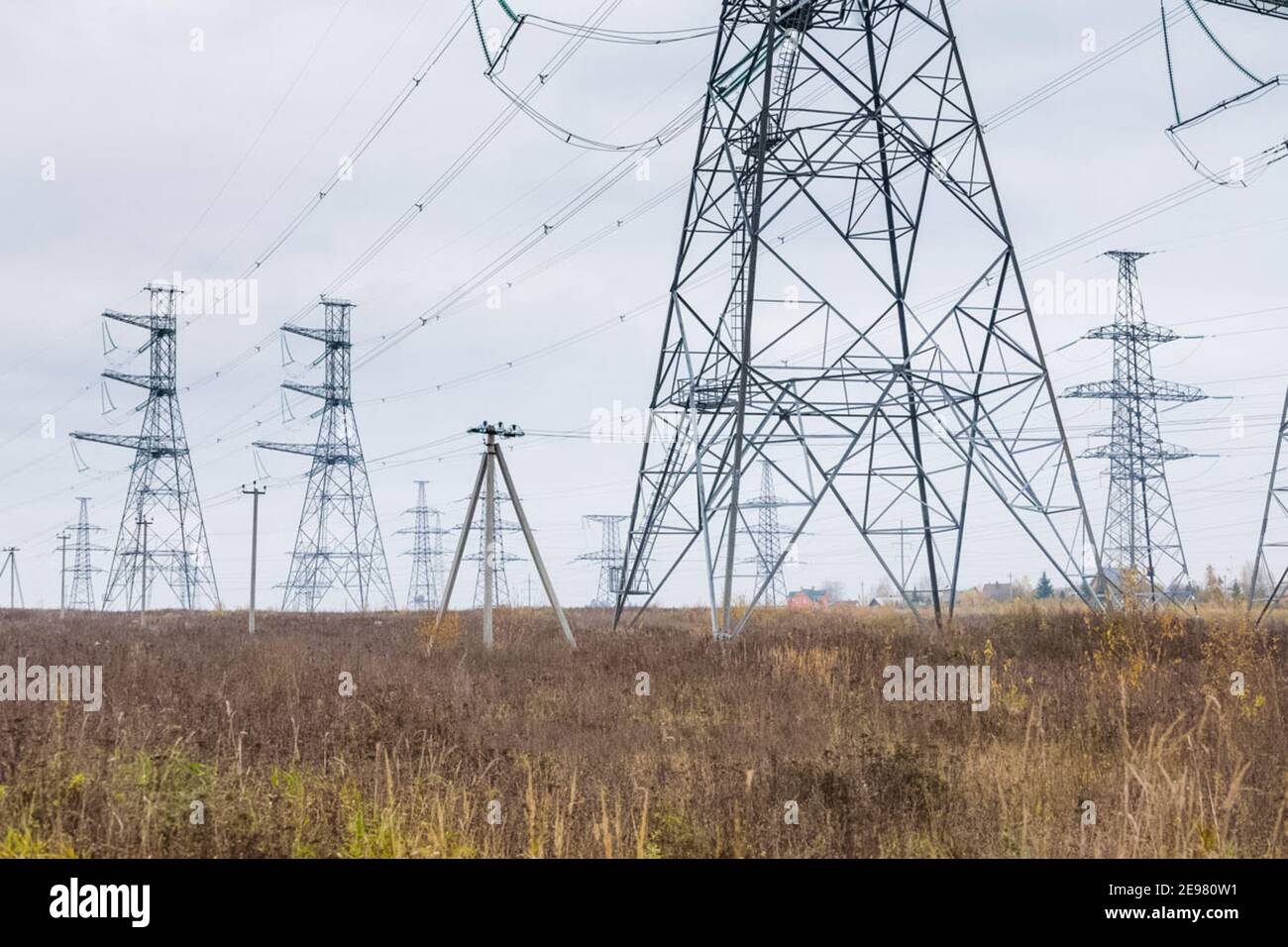 Power line supports. Electricity transmission and posts Stock Photo - Alamy