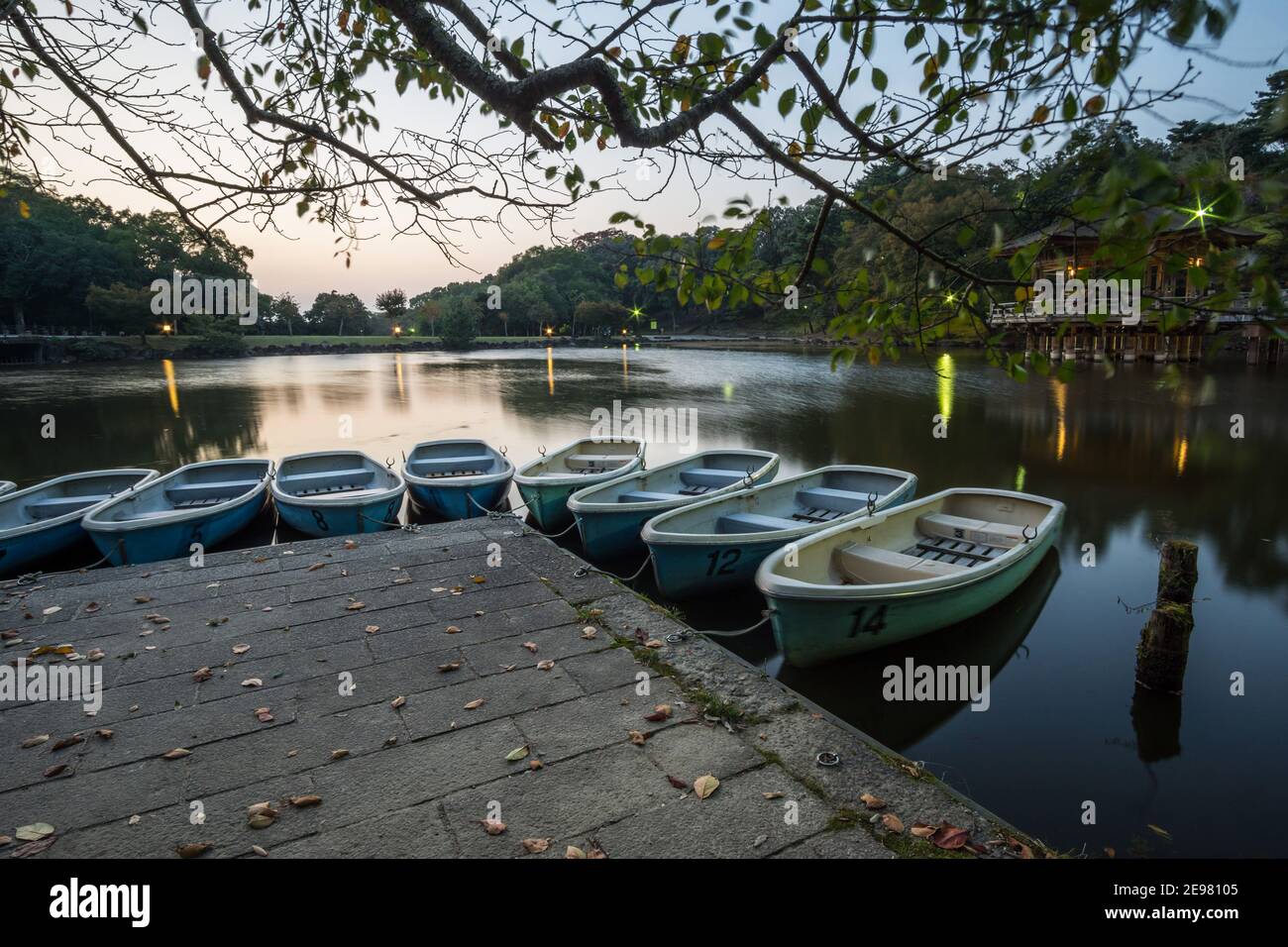 Rowing boats tied up for the night on Sagi-ike pond in Nara, Japan ...