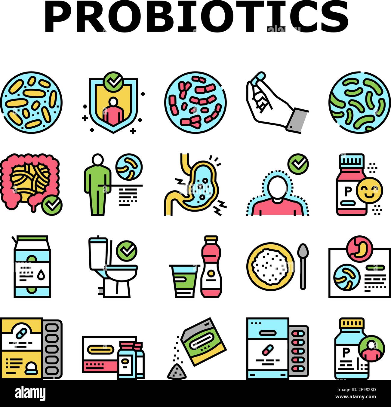 Probiotics Bacterium Collection Icons Set Vector Stock Vector Image