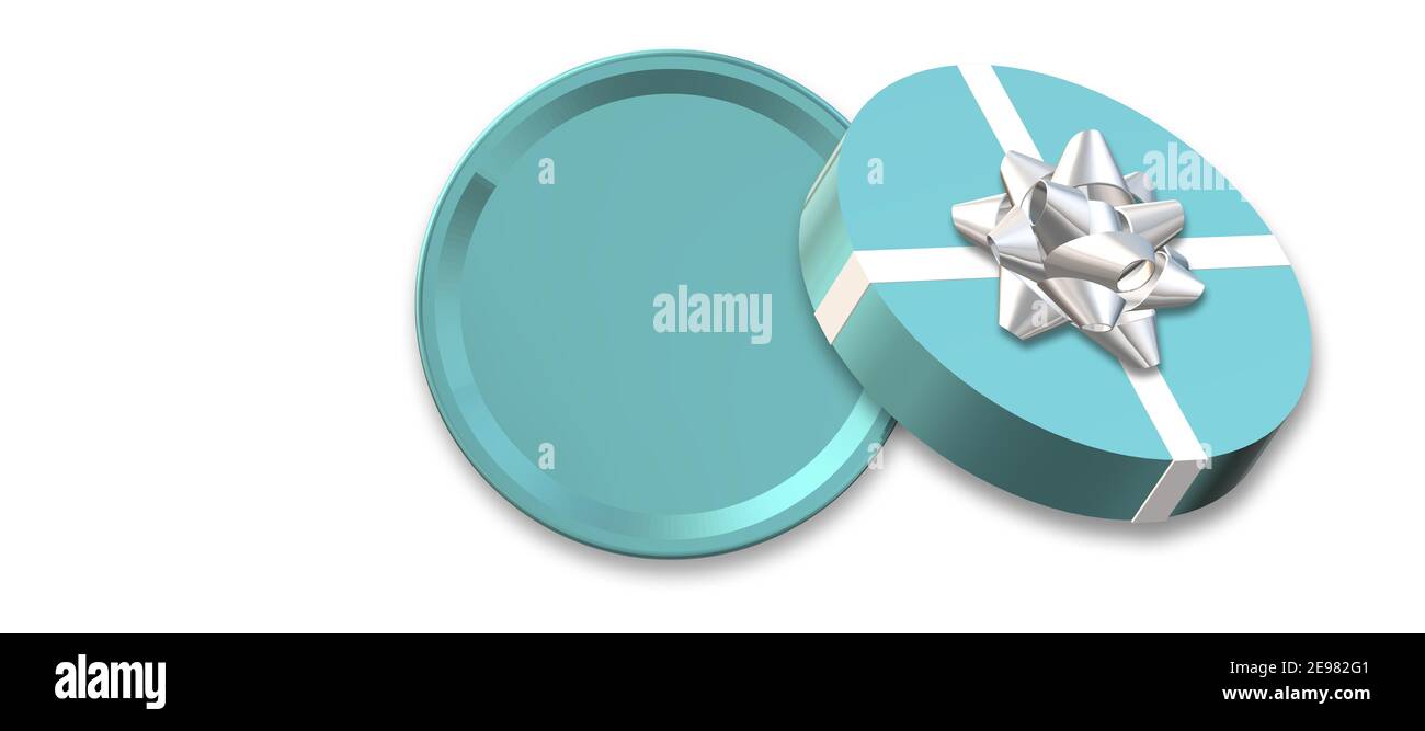 Open round gift box, bow on white background. Turquoise blue box top ...