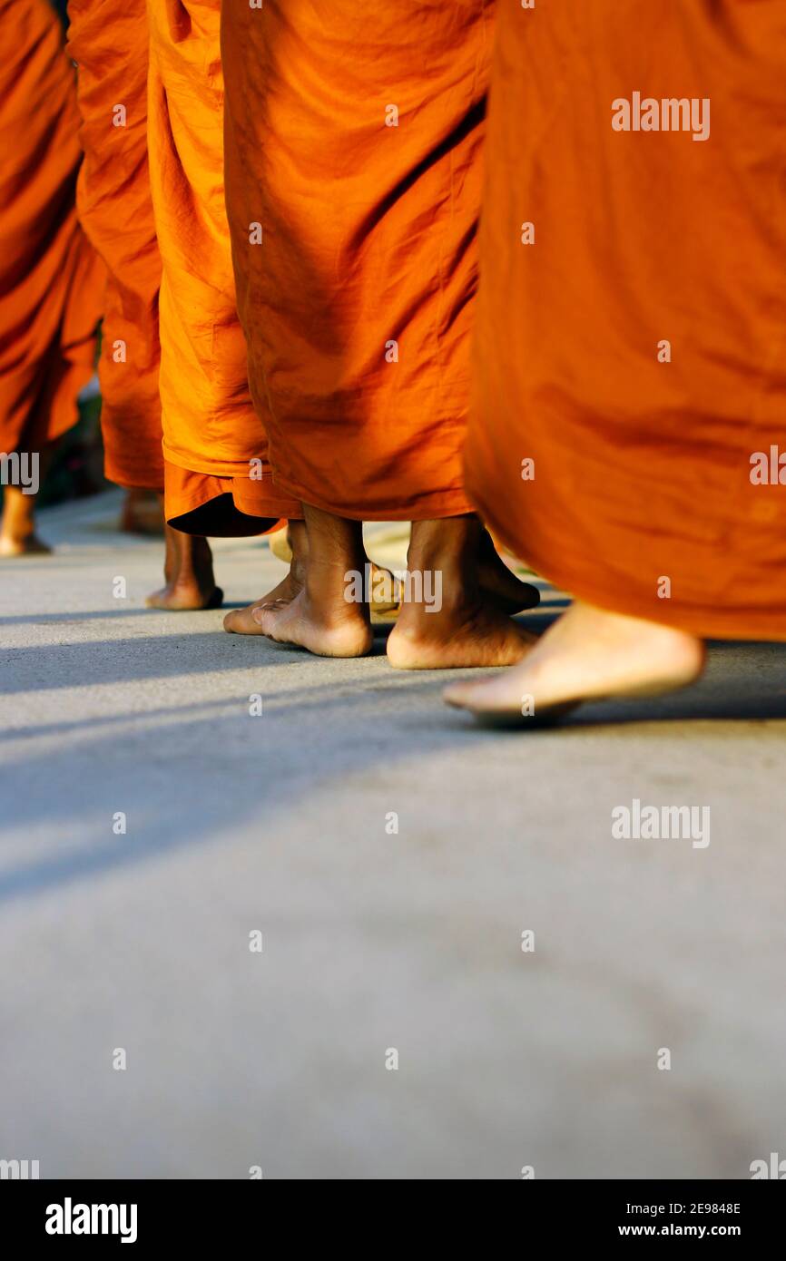 feet of monks dressing orange robe during reception of alms, around ...