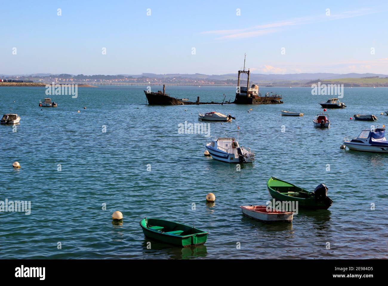 Wrecked rusty trawler run aground bay of Santander Cantabria Spain with ...