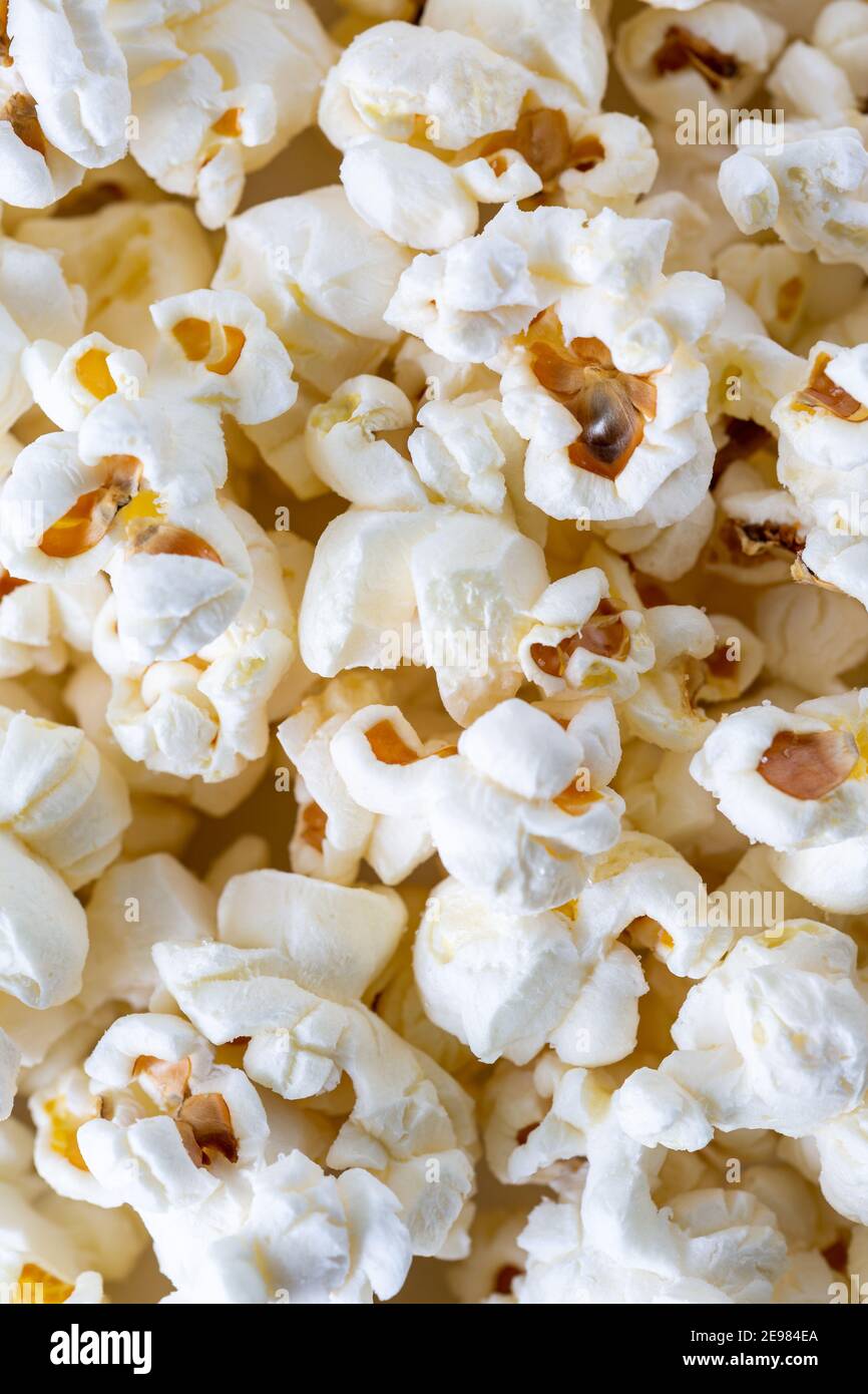 close-up of fresh popcorn, macrophotography, food background, full ...