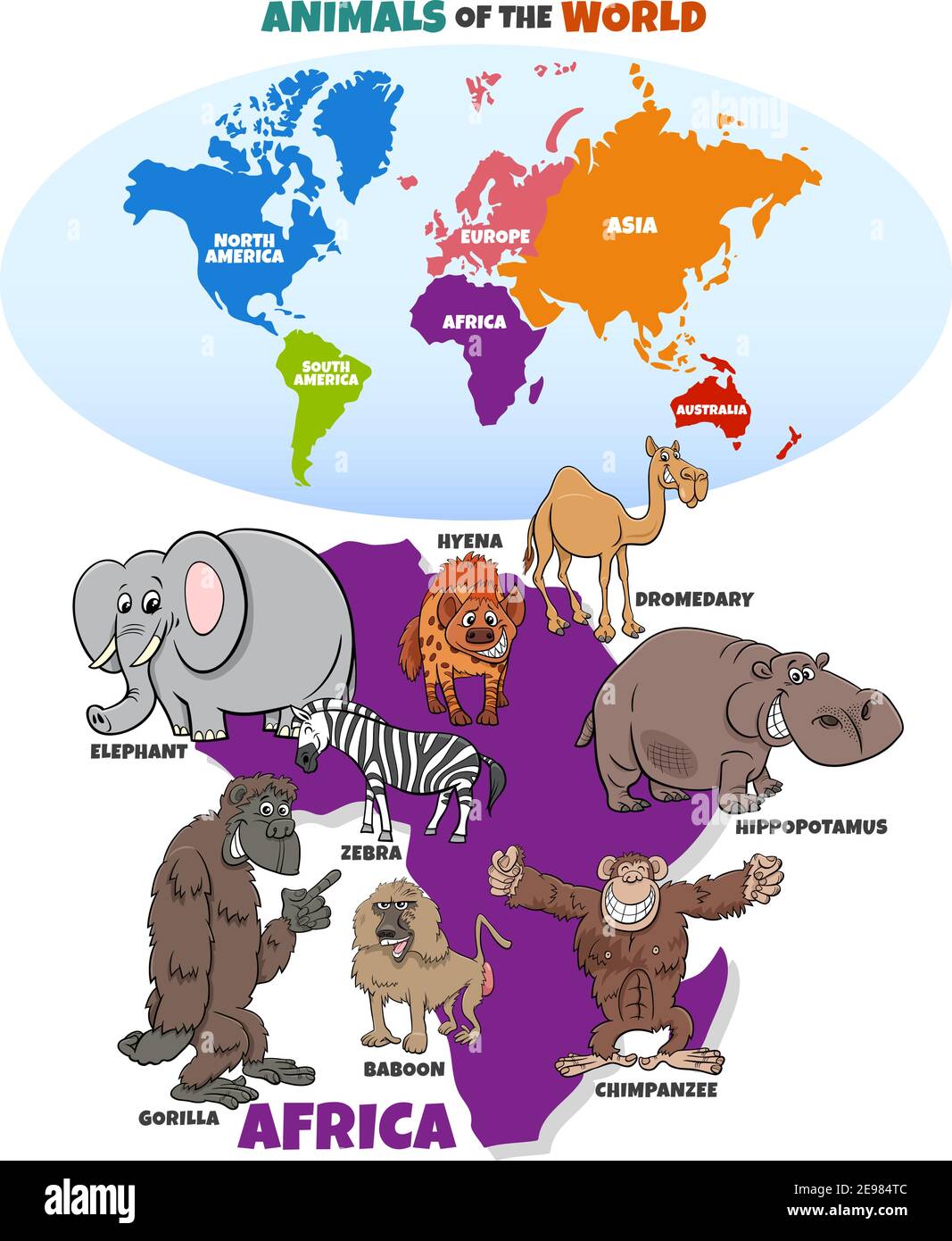 Educational cartoon illustration of funny African animals and world map ...