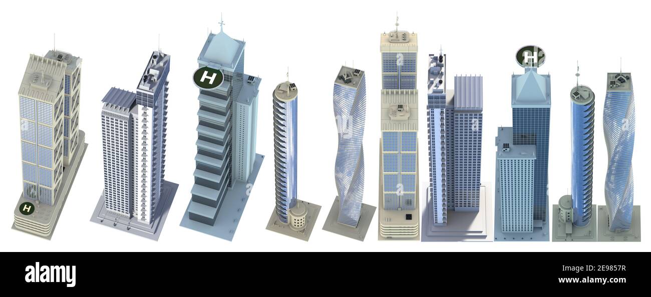 Set of high detailed corporate buildings with fictional design and blue ...