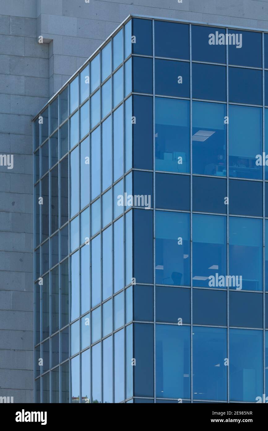 Close-up of an anonymous office building in Madrid, Spain, under the ...
