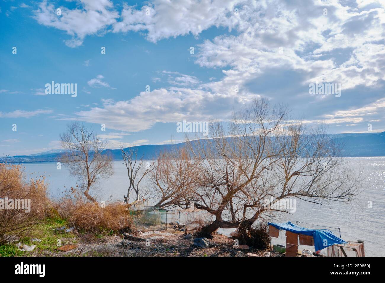 Blue color boats standing on the coast of uluabat lake with huge ...