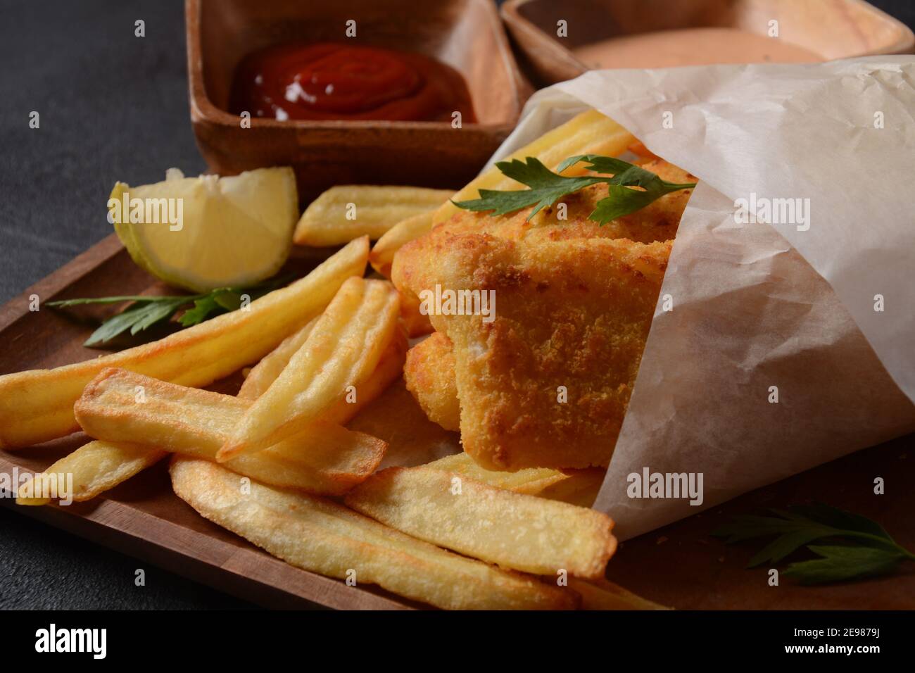 Traditional English Food - Fish and Chips. Fried fish filets and crispy ...