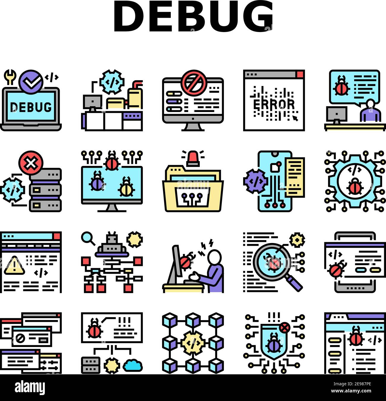 Debug Research And Fix Collection Icons Set Vector Stock Vector Image ...