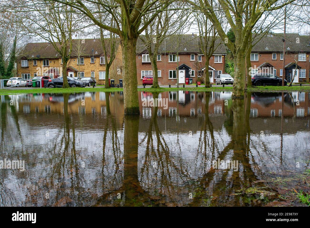 Colnbrook, Berkshire UK. 3rd February, 2021. Flooding in Albany Park in ...