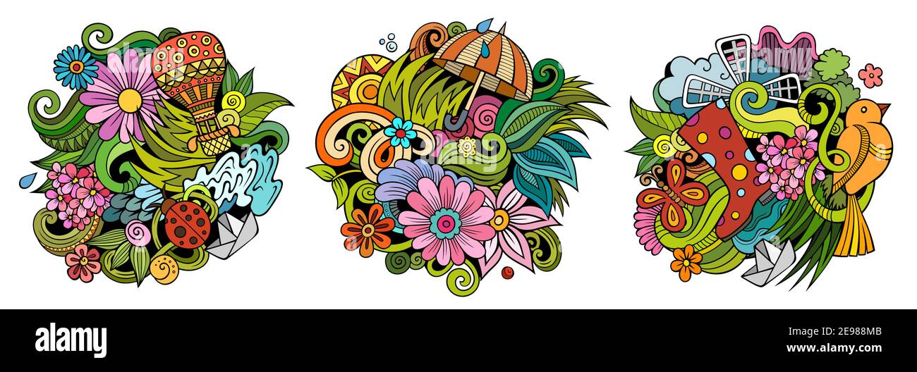 Spring cartoon vector doodle designs set Stock Vector Image & Art - Alamy