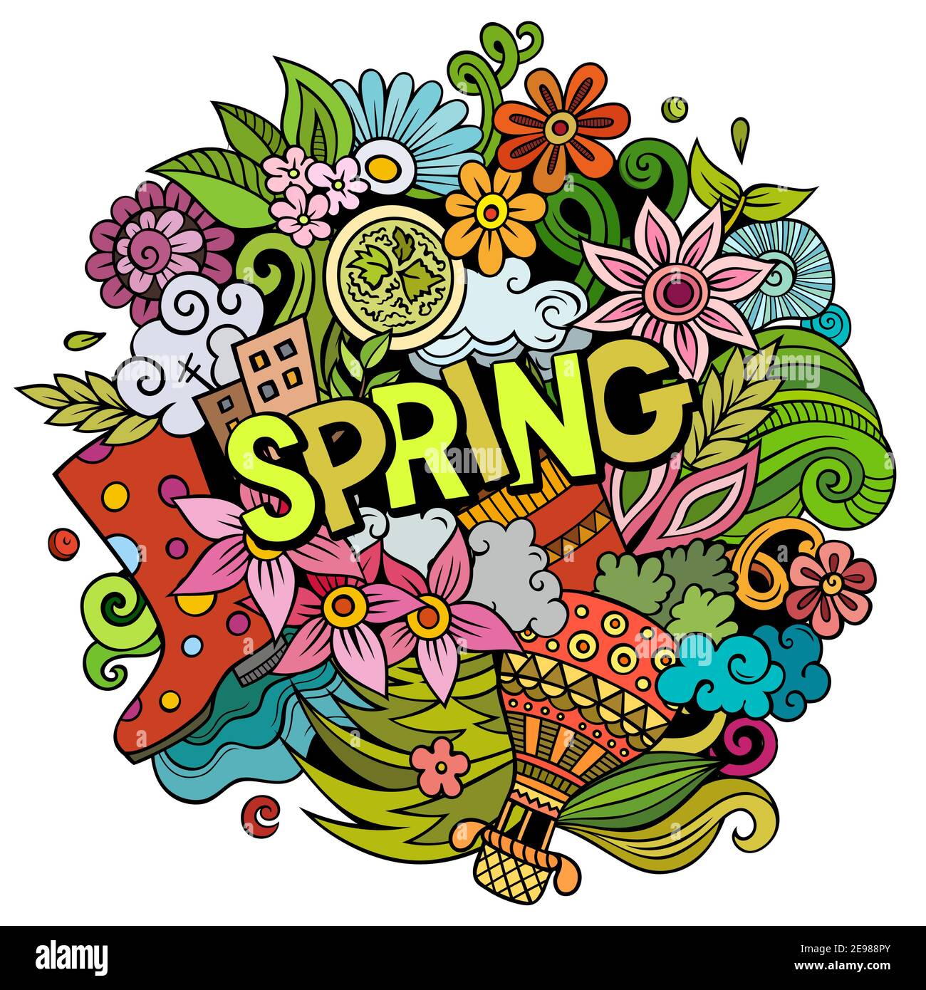 Spring hand drawn cartoon doodles illustration. Funny seasonal design ...