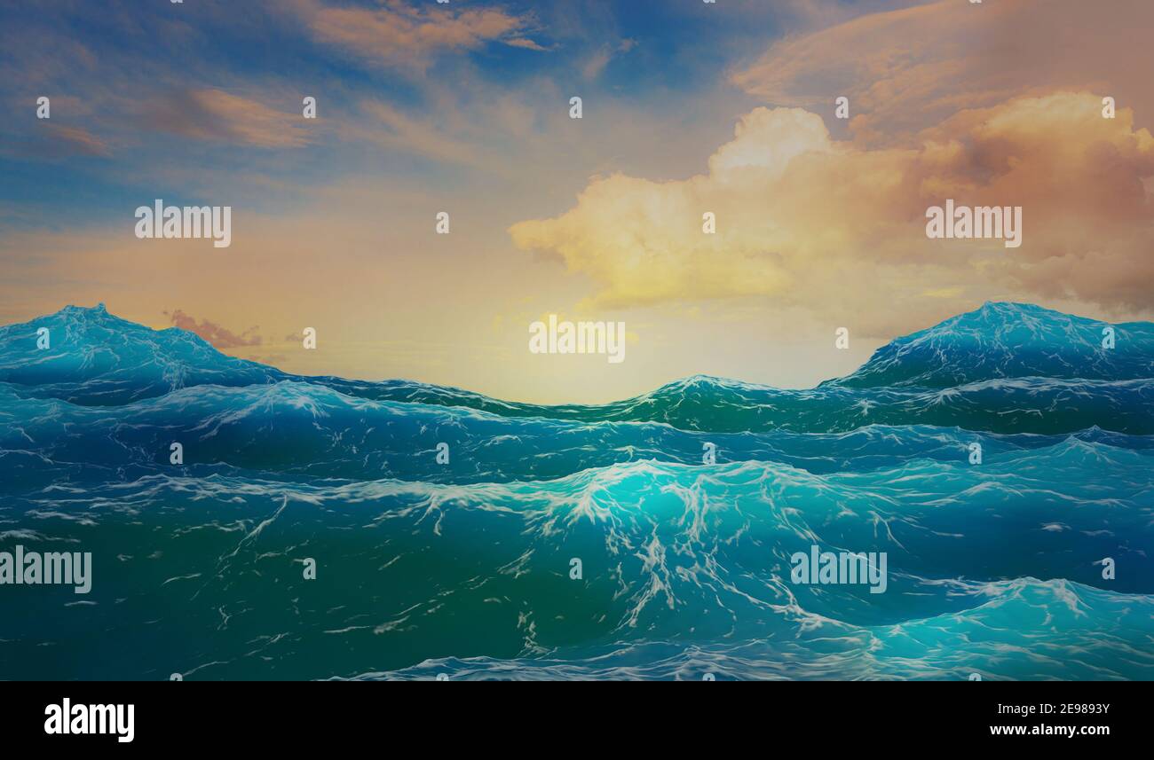 3d render evening seascape rough sea or ocean waves foam golden cumulus ...