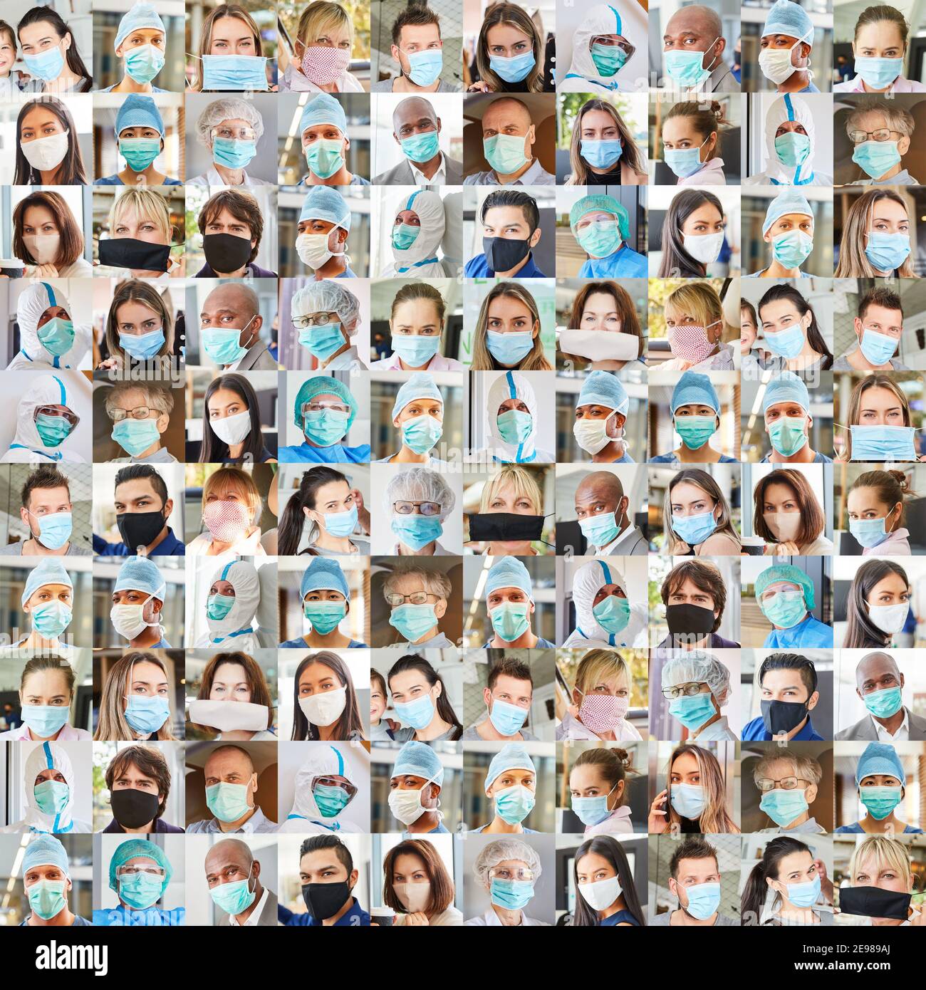 Portrait collage of people and doctors with face masks during Covid-19 ...